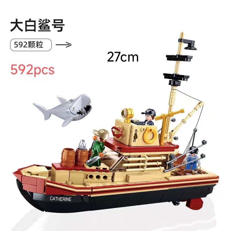 610pcs+592pcs Piratas do Caribe Série Big White Shark Fishing Boat One ...