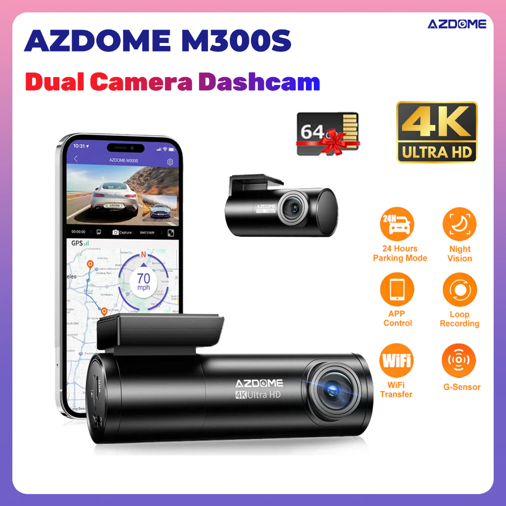 Câmera Dash 4K AZDOME M300S Dual Channel Front & Rear Com GPS WiFi ...