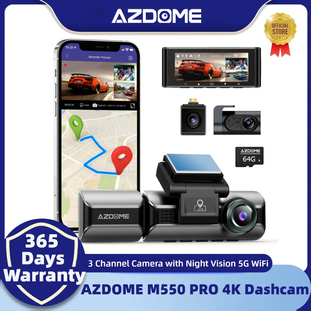 AZDOME M550 PRO 4K Dashcam 3 Canais Dianteiro Cabine Traseira Gravador ...
