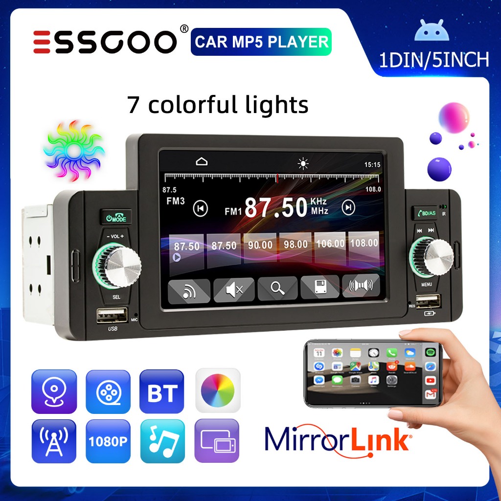 ESSGOO 1 Din Rádio Estéreo Para Carros 5” HD Car Player IPS Tela Sensível Ao Toque Multimídia ...