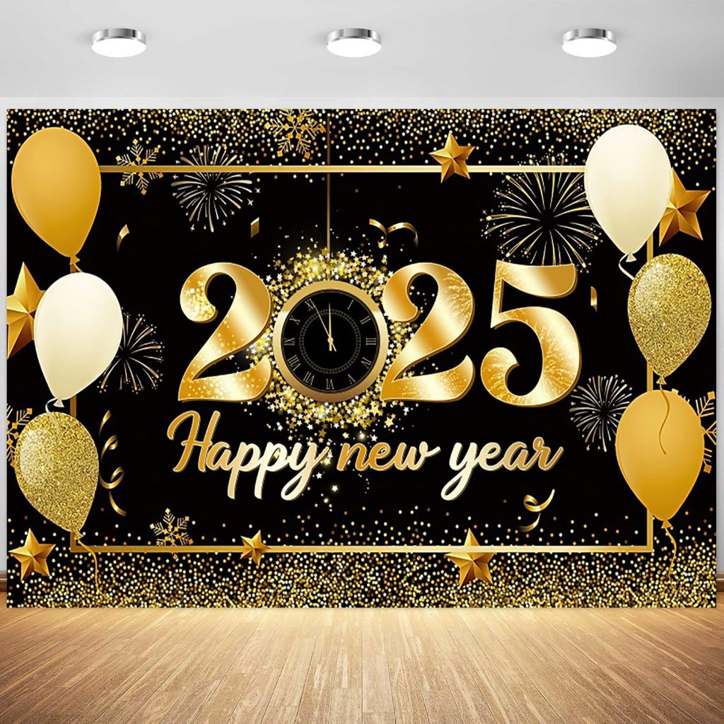 5x3ft Feliz Ano Novo 2025 Fotografia De Fundo De Eve Black Gold Festa De Natal Banner Family ...