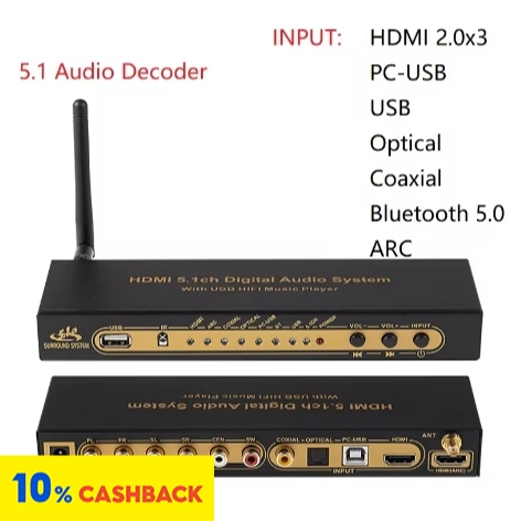 ⭐ 5.1CH Decodificador De Áudio Bluetooth 5.0 Receptor 4K60Hz HDMI 2.0 SPDIF Conversor USB ARC ...