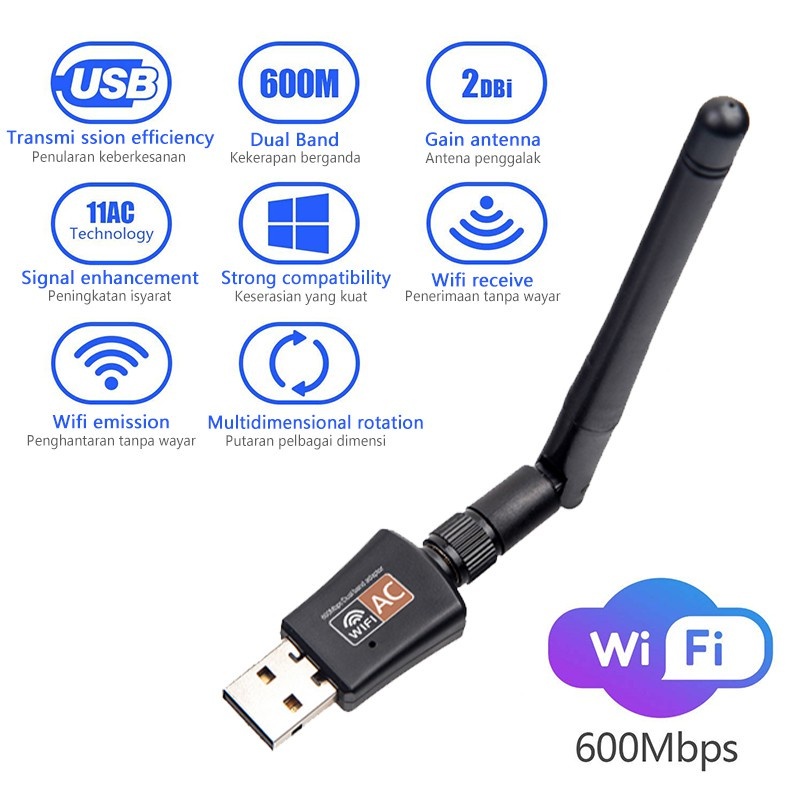 Adaptador Sem Fio USB 600Mbps 5GHz Dongle Internet Antena Conector Dual ...