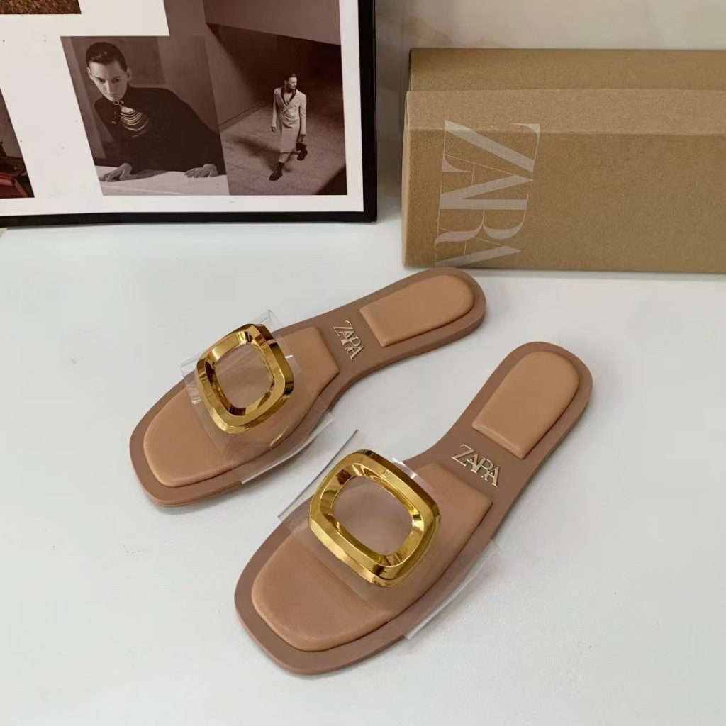 Zara Sandálias planas femininas/chinelos planos com fivela quadrada de ...