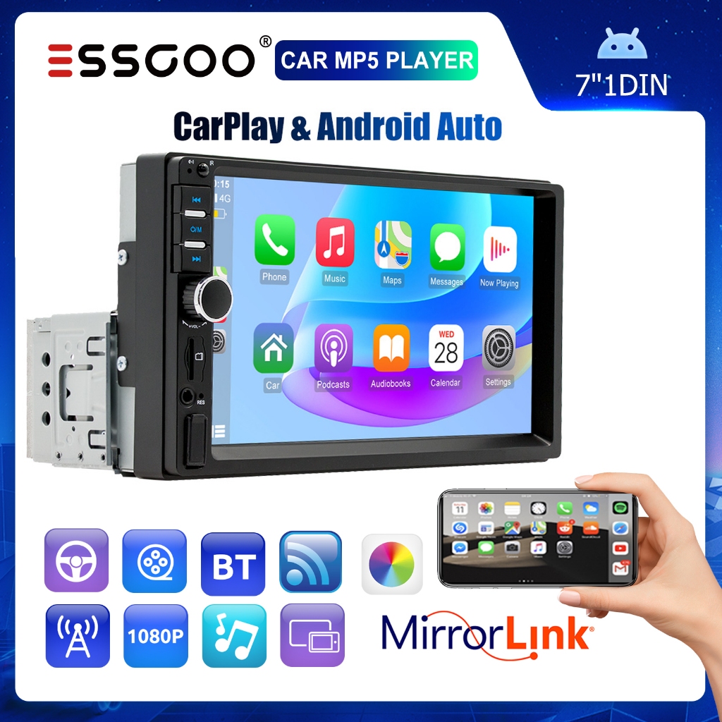 ESSGOO 7 Polegada Carplay E Android Auto 1Din Car RadioTouch Screen MP5 Mirror Link Central MP5 ...