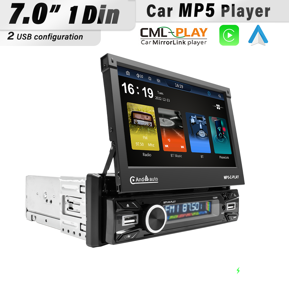 7 Polegada Sem Fio Android Auto CarPlay 1Din Vídeo Multimídia MP5 Player Retrátil Tela De Toque ...