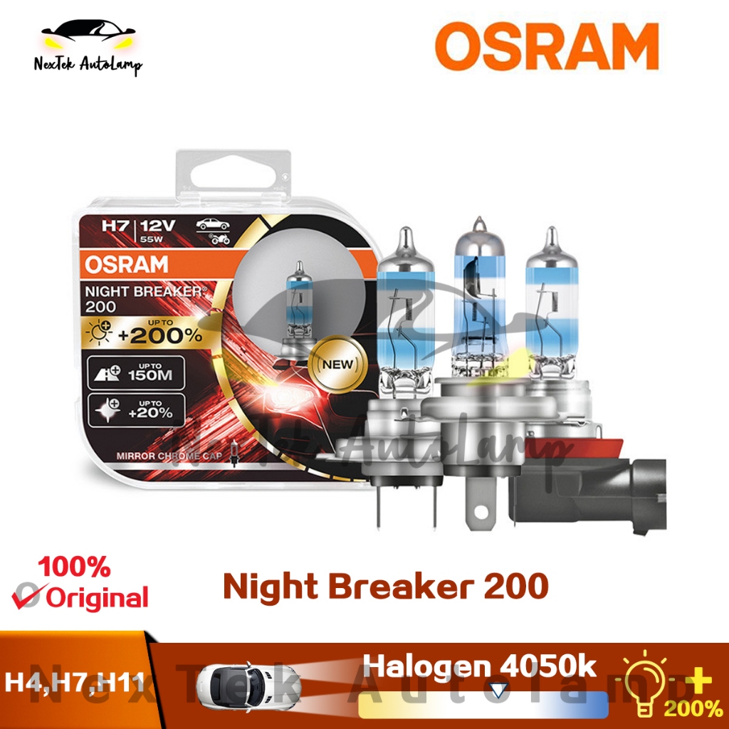 OSRAM Night Breaker 200 H4 H7 H11 12V 55W 3900K Brilho +200% Lâmpada amarela de farol halógeno ...