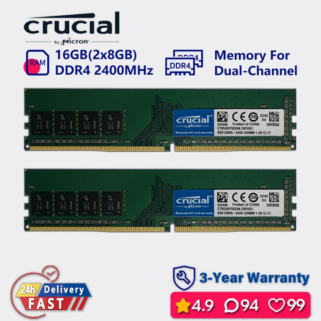 CRUCIAL 16gb 32gb 64gb 2400mhz ddr4 Memória De Desktop De Canal Duplo Udimm pc4 19200u RAM ...