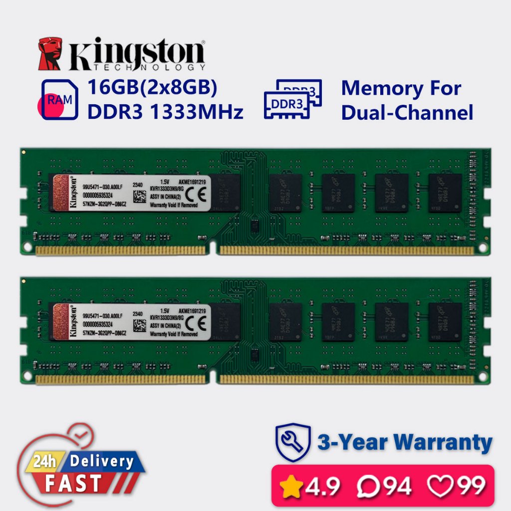 Kingston 16gb 8gb 1333mhz ddr3 Memória De Desktop De Canal Duplo Dim pc3 10600 1.5v RAM | Shopee ...
