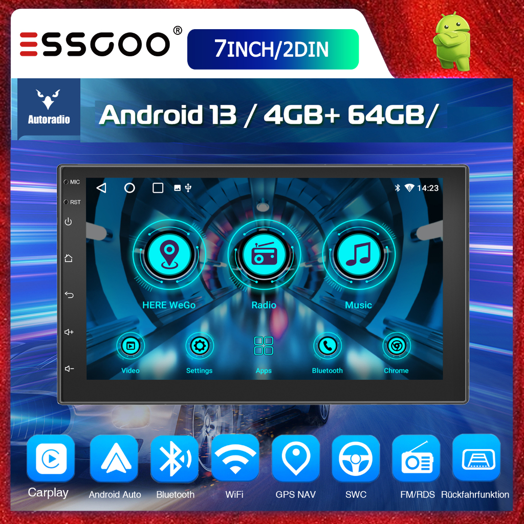 ESSGOO 7 Polegadas 2 Din Carplay 2 + 32G/4 + 64 Gb android 13 MP5 Touch Screen Com WIFI/BT ...