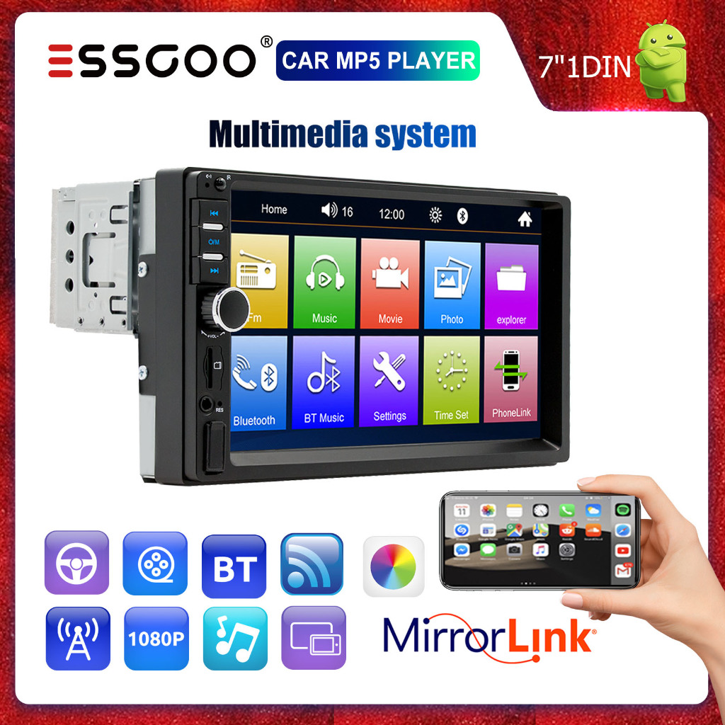 ESSGOO Rádio Para Carro 7 " HD Touch Screen 1 Din Universal Automotivo Auto MP5 Player Bluetooth ...