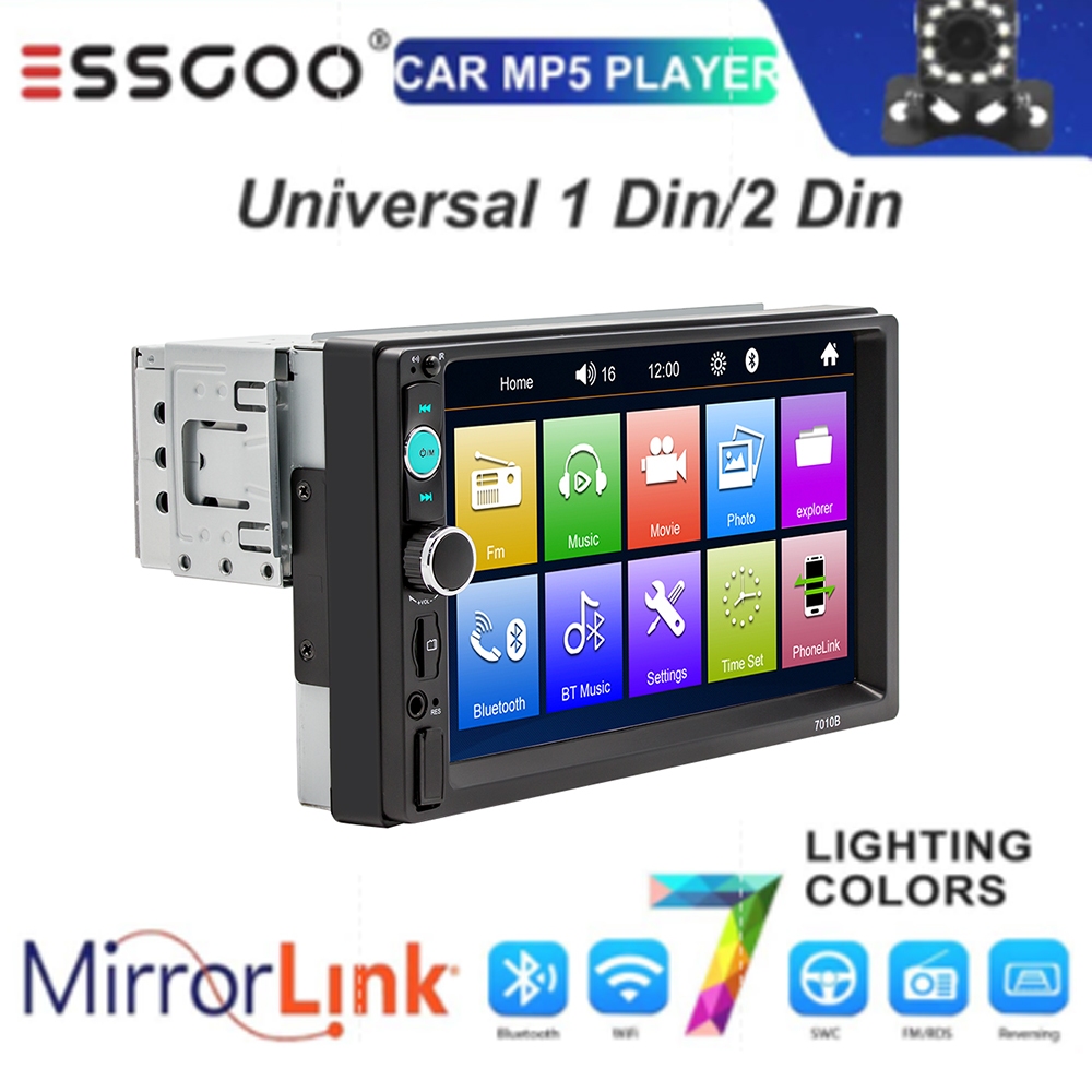 ESSGOO Central Multimídia MP5 Automotiva 1 Din 7 inch Bluetooth USB/AUX/TF Com Mirrorlink HD ...