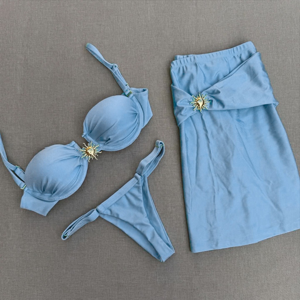 Biquíni Novo Estilo De Três Peças Cor Sólida Dividido Feminino Maiô