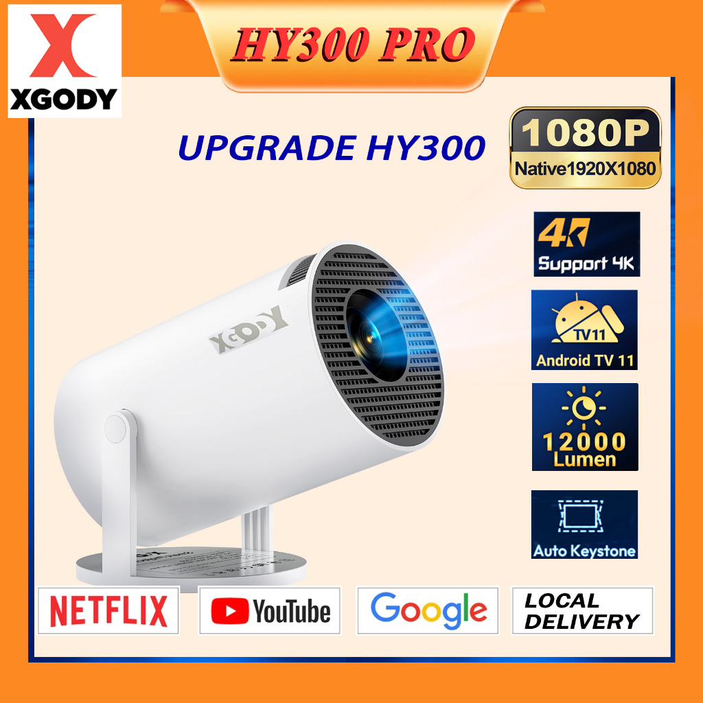 Projetor XGODY 4K Gimbal 3 HY300 PRO Relógio Atualizado TV Android 11 ...