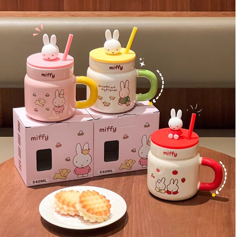 Caneca Miffy Coelho com Tampa e Copo de Palha Copo de Água de Cerâmica ...
