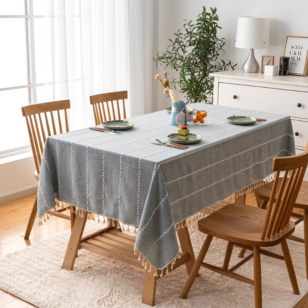 Toalha De Mesa De Linho De Algodão , Boho Listrada Bordada Azul ...