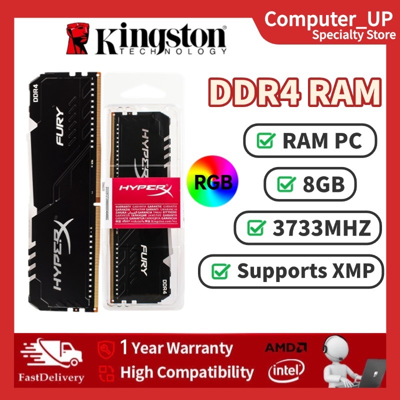 (2 Unidades) RGB Kingston HyperX FURY Desktop DDR4 RAM 8 Gb 3733 Mhz 288 Pinos 1.35 V DDR4 Para ...