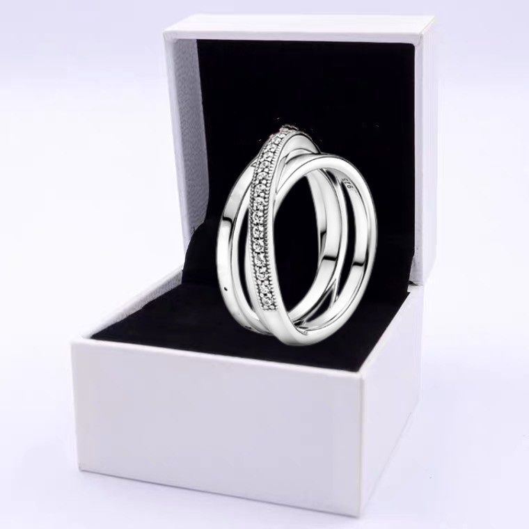 Com Caixa Anel feminino de três anéis escalonado Pavé em prata S925 com empilhamento elegante em ...