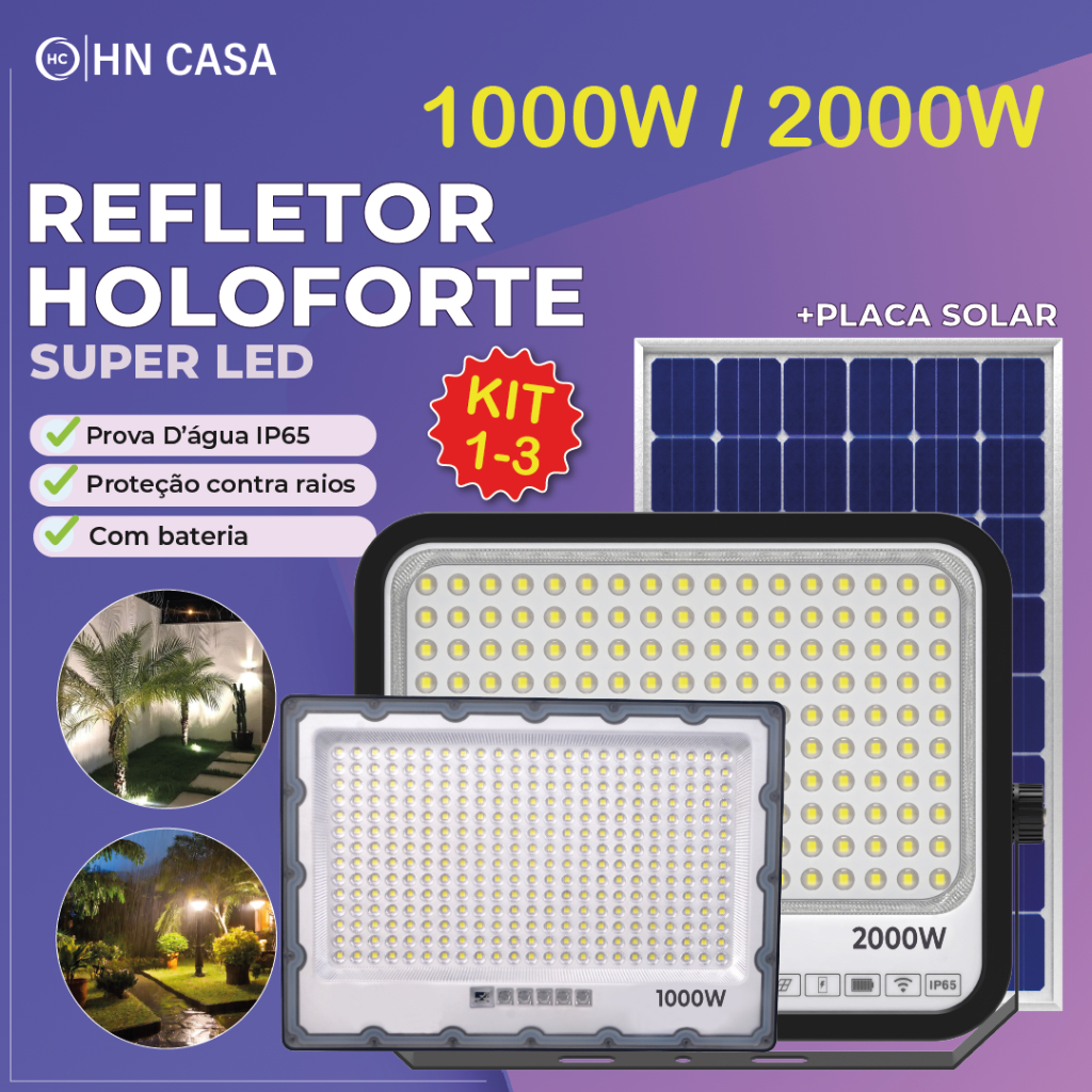 Kit 3 Holofote Solar Refletor Led 2000W ou 1000w Prova D'àgua C/placa ...
