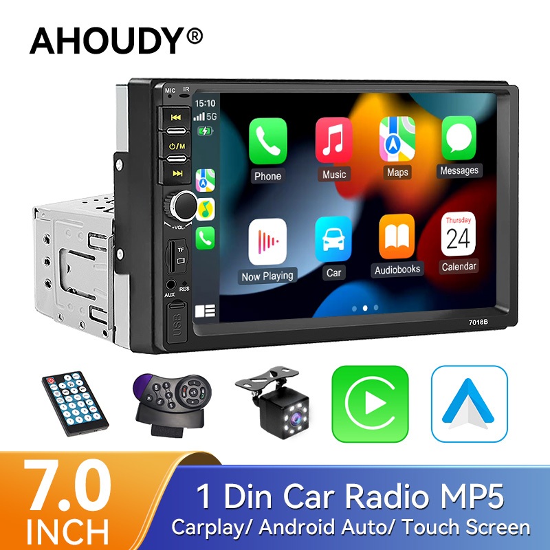 AHOUDY Central Multimídia Carplay Android Auto 1 Din Rádio Tela 7" MP5 Bluetooth USB/AUX/TF ...