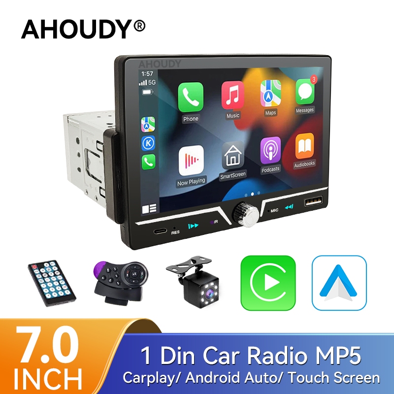 AHOUDY Central Multimídia Carplay Android Auto 1 Din 7" Tela Sensível Ao Toque MP5 Bluetooth USB ...