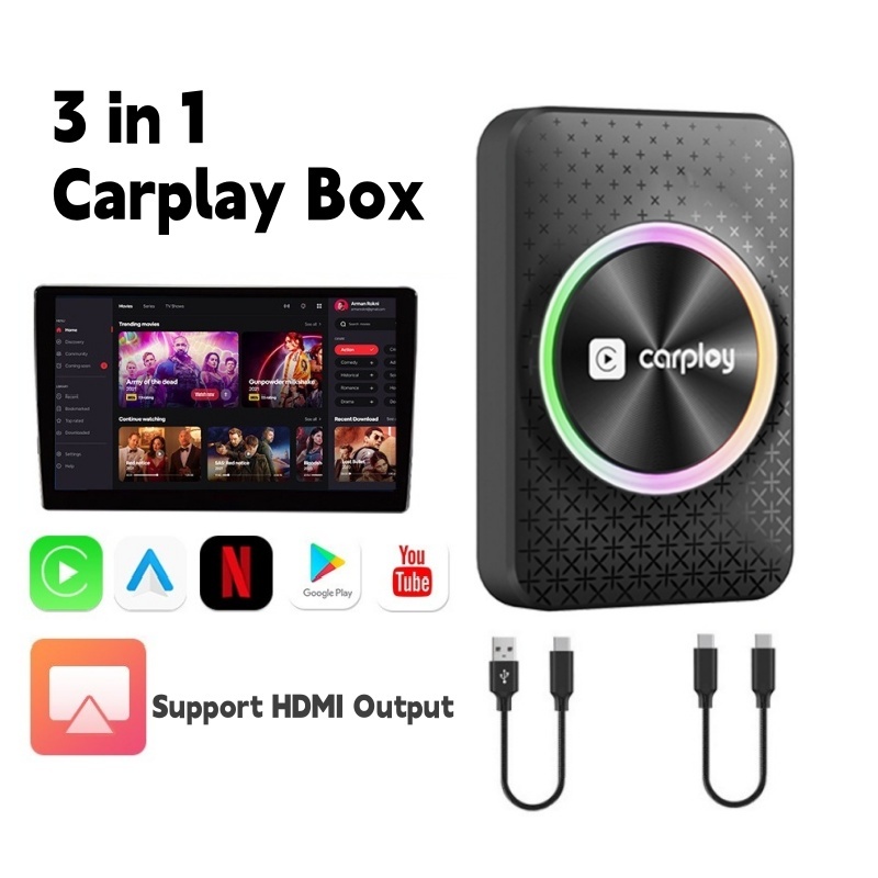 Carplay Magic Box 3 Em 1 Com Youtube Netflix Suporte Para Saída HDMI APP Download Fio Adaptador ...