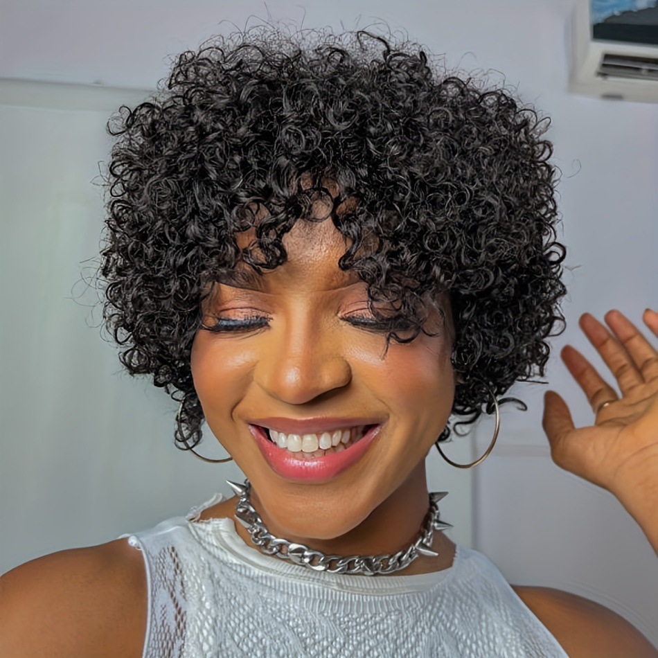 Pixie Corte Perucas Curto Encaracolado De Cabelo Humano Natural Cor Preta Afro | Shopee Brasil