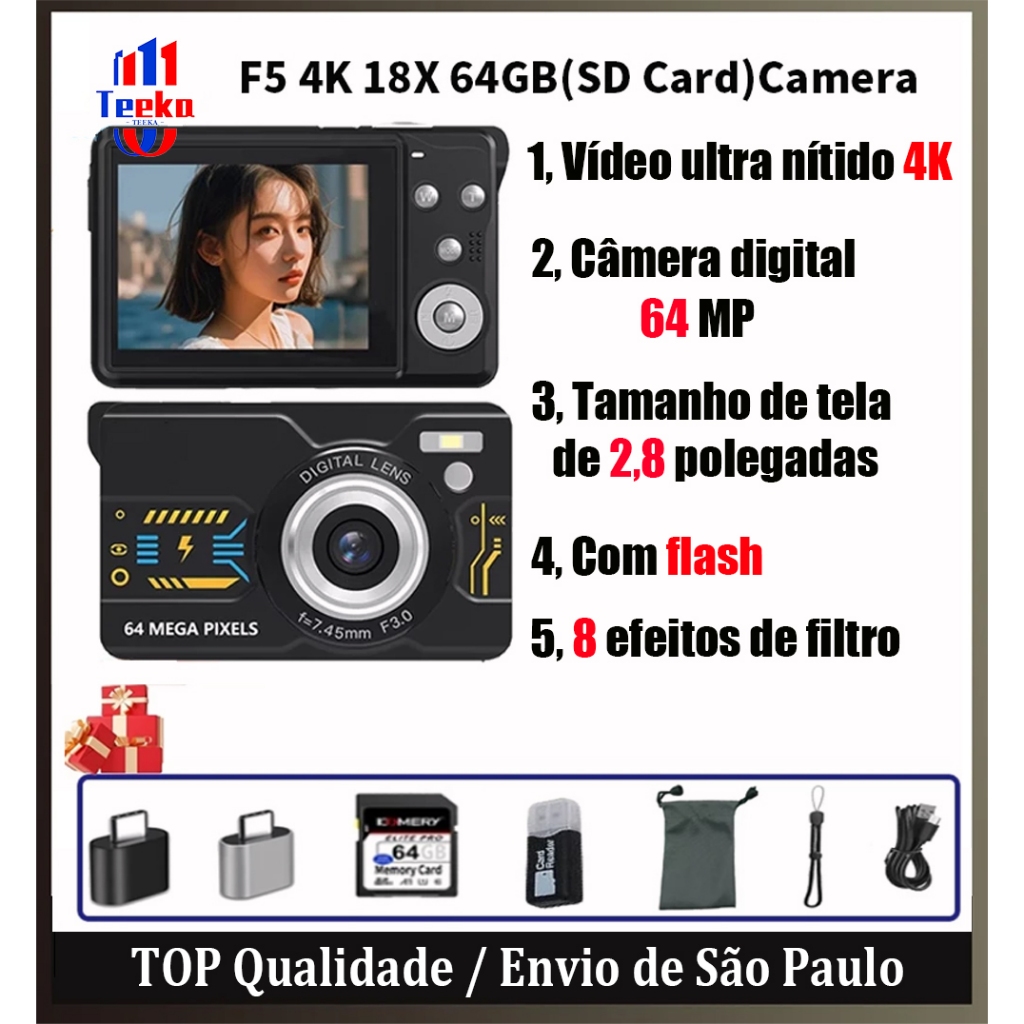 【Memória 64G】TEEKA 64MP Câmera digital 4K, tela de 2.8 polegadas, zoom ...