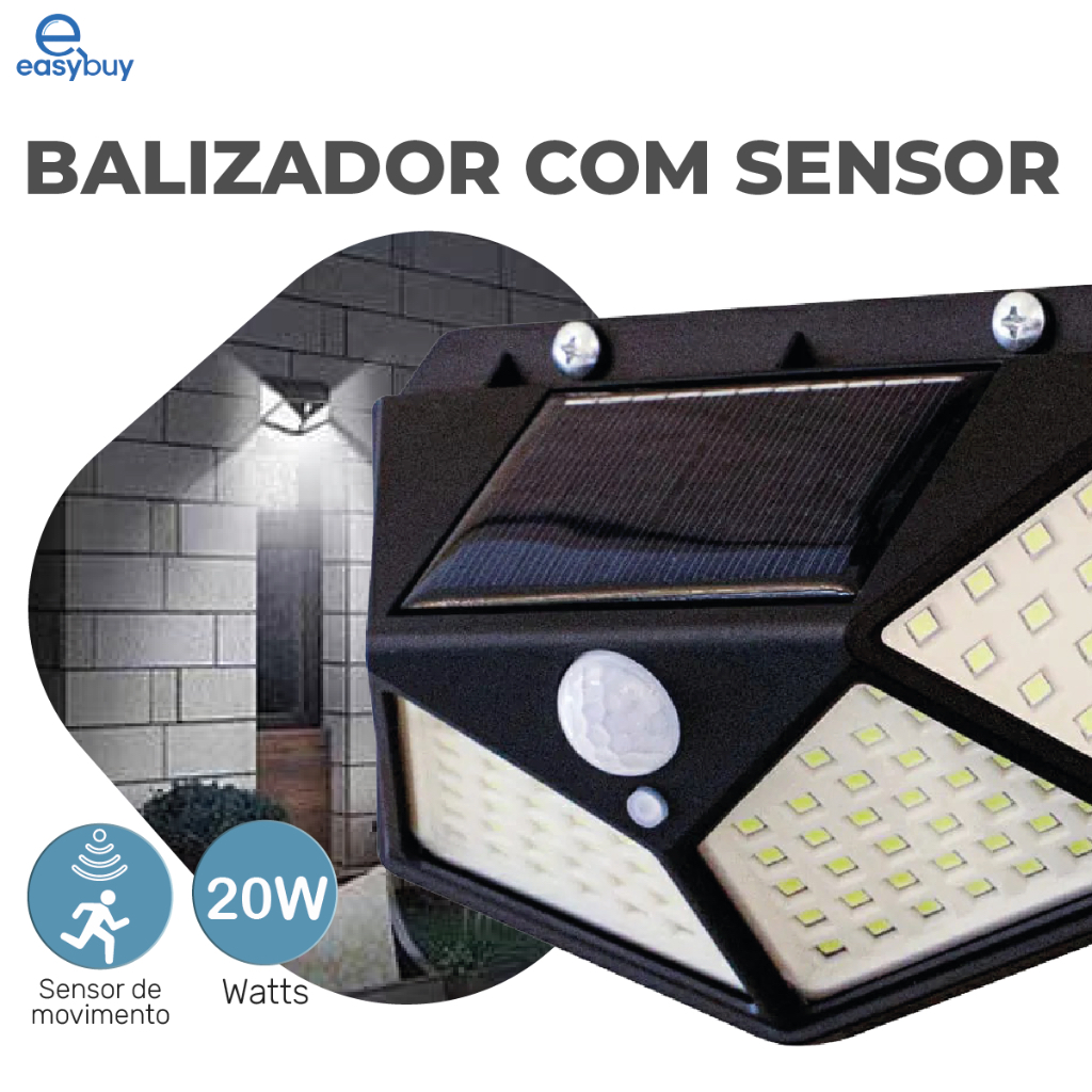 Balizador Solar Luminária Com Sensor de Movimento Parede Luz Branca 20W ...