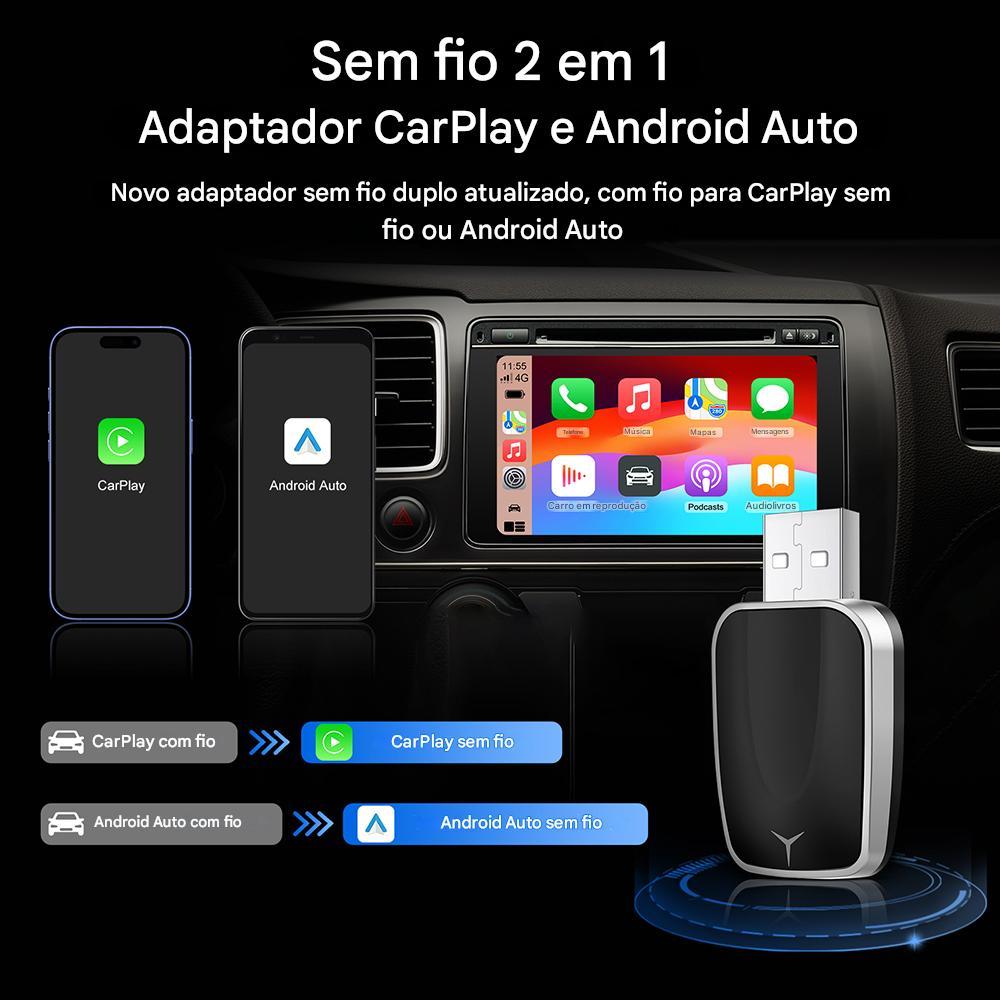 Adaptador CarPlay Android Auto 2 em 1 e Mini com fio para sem fio CarPlay Android Auto Wi-Fi com ...