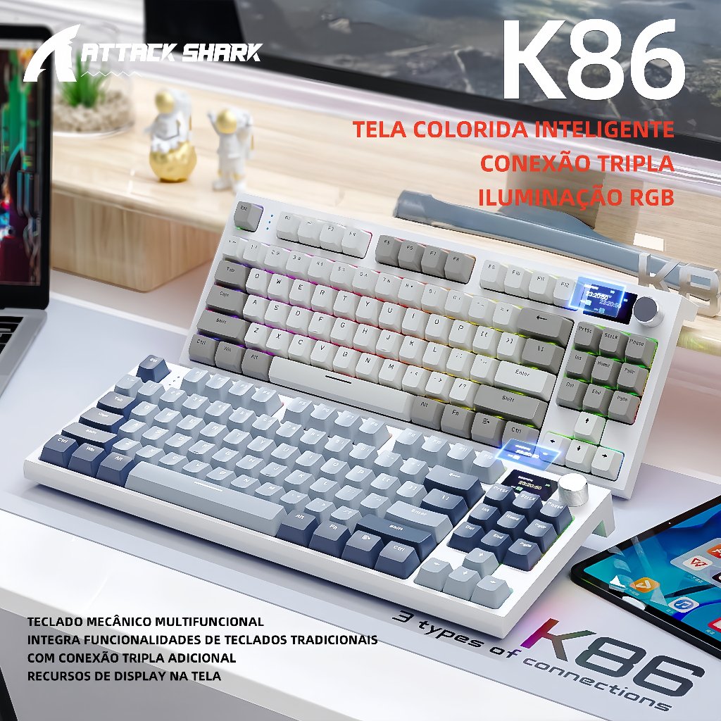 Attack Shark K86 Teclado Mecânico Sem Fio Botão De Metal Estrutura De Junta Hot Swap Tela TFT ...