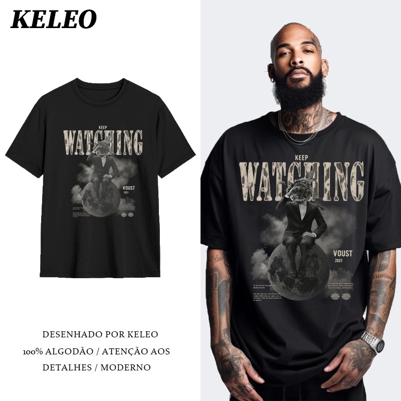 KELEO Design Original Observando Camiseta Preta Versátil Retro ...