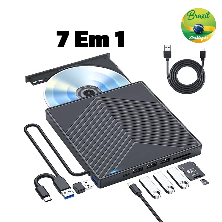 7 em 1 Gravador/Leitor Externo de CD/DVD – USB 3.0 para PC e Notebook ...