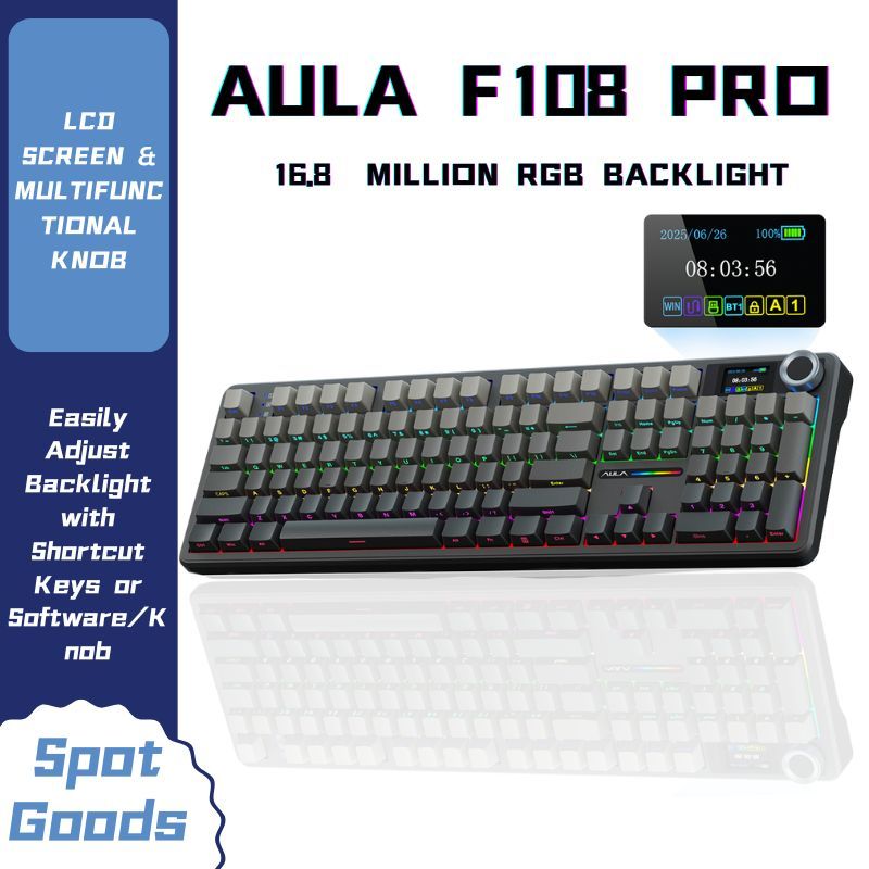 AULA F108 PRO Sem Fio De Três Modos 104 Teclas Com Luz RGB hot-Swap 8000mAh Bateria Teclado Para ...