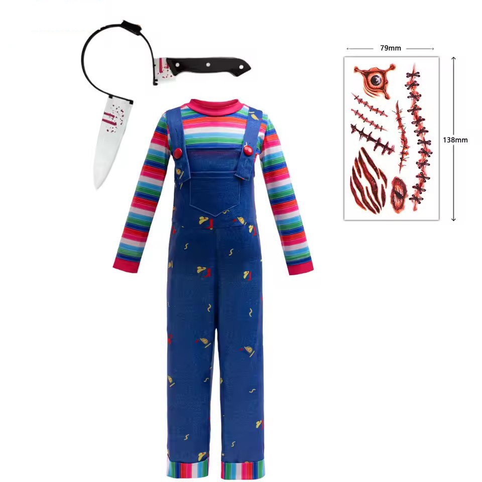 Crianças Chucky Cosplay Traje Conjunto De Manga Longa Listrado Topo Com ...