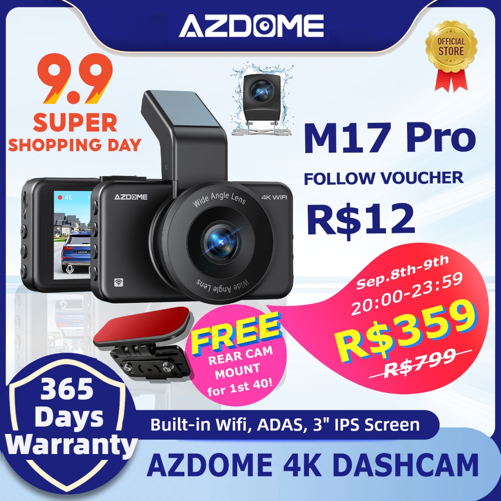 AZDOME M17 Pro 4K Dash Cam 3'Tela Embutida Wi-Fi ADAS Dashcam Câmera ...