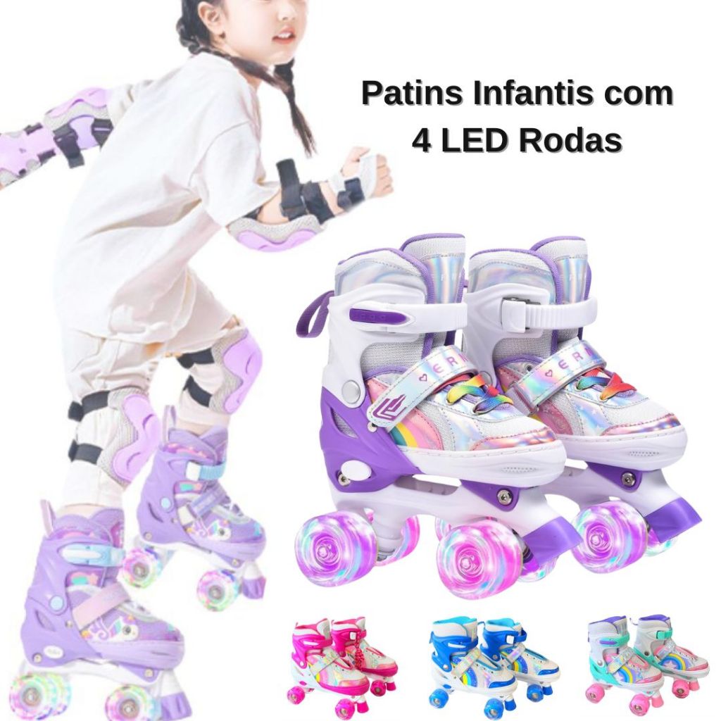 ‌Patins Infantis com 4 Rodas Brilhantes‌ ajustáveis com velcro, seguros ...