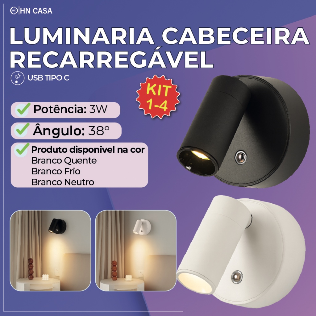Kit 4 Arandela Spot Luminária Cabeceira Recarregável Led Redonda 3W com ...