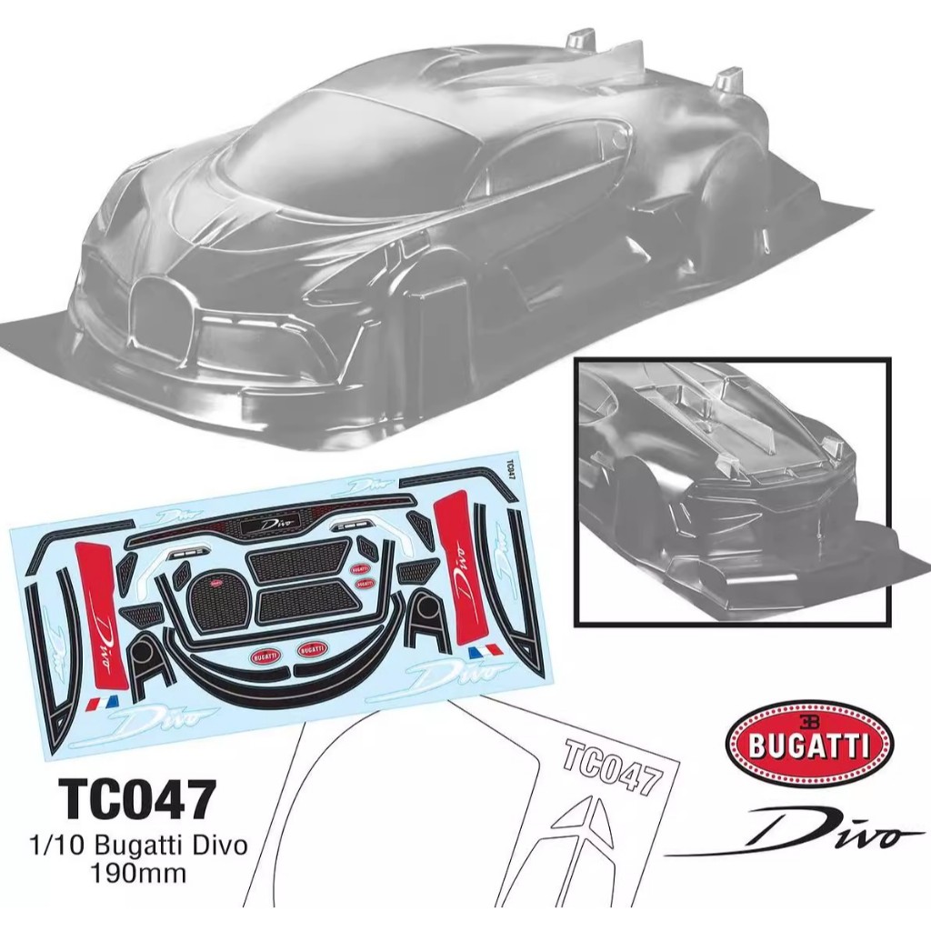 1/10 PC RC TC047 Bugatti Divo Shell Corpo 190mm Largura 260mm Distância ...