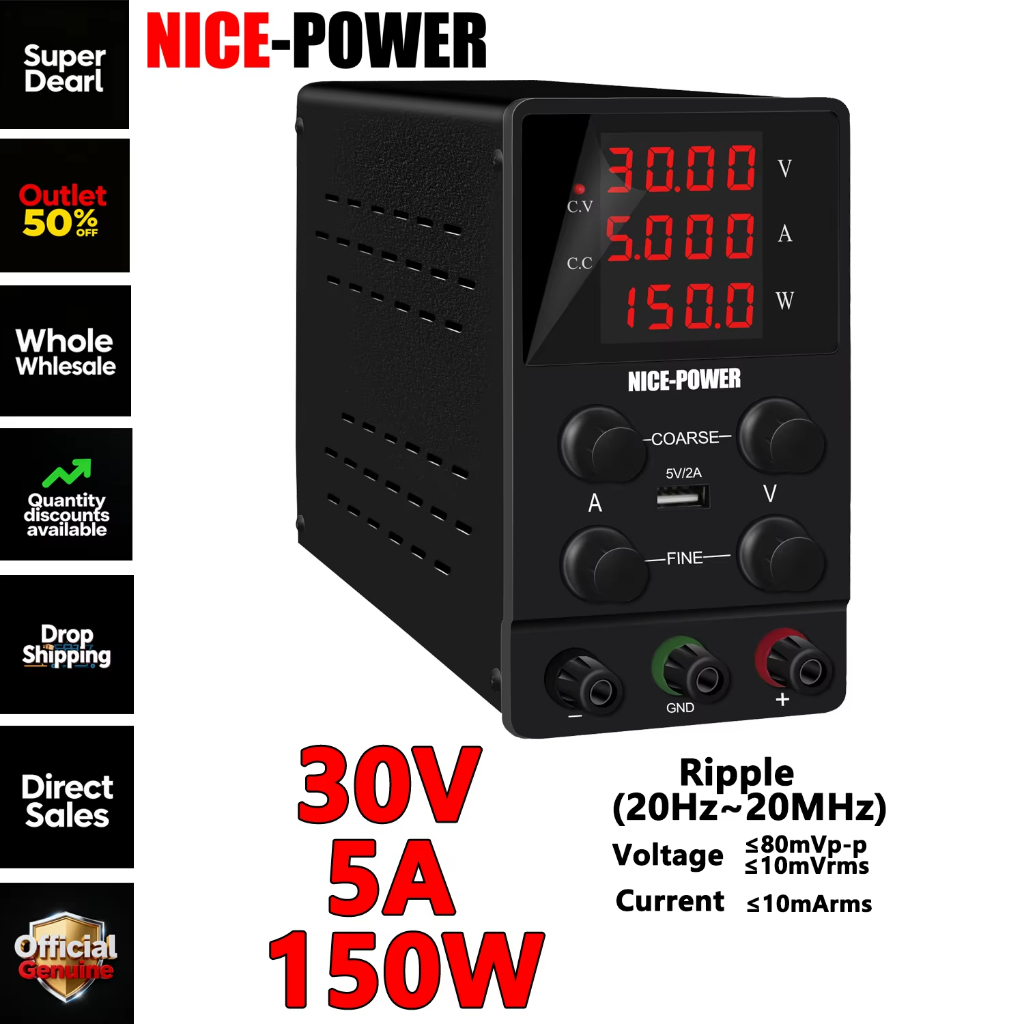 NICE-POWER Fonte de Bancada SPS305 30V 5A 150W Display LED de 4 Dígitos ...