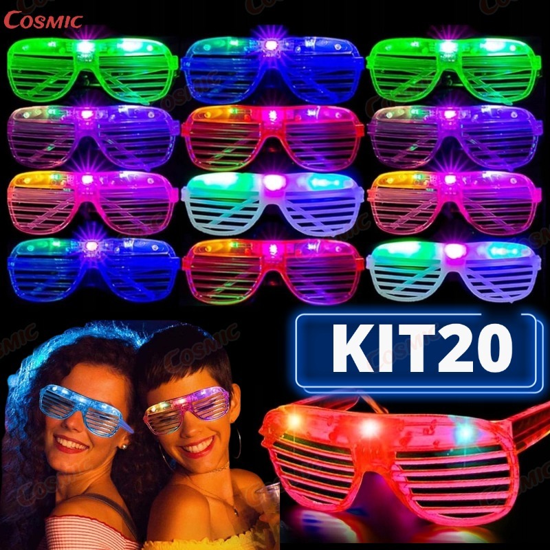 KIT 20/10 Oculos Led Neon de Festa Com 3 Modos Fluorescente Rave Balada ...