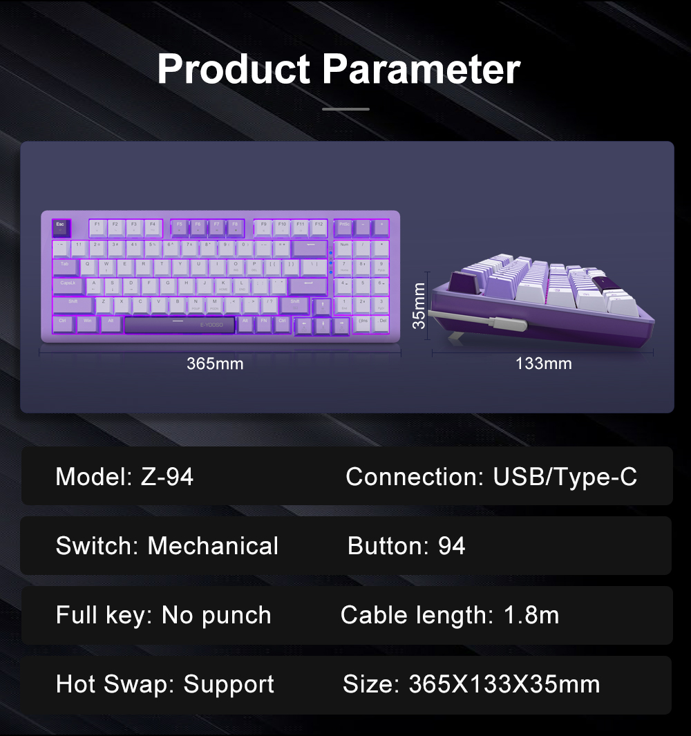 E-YOOSO Z94 USB Teclado De Jogo Mecânico Com Luz De Fundo Monocromática ...