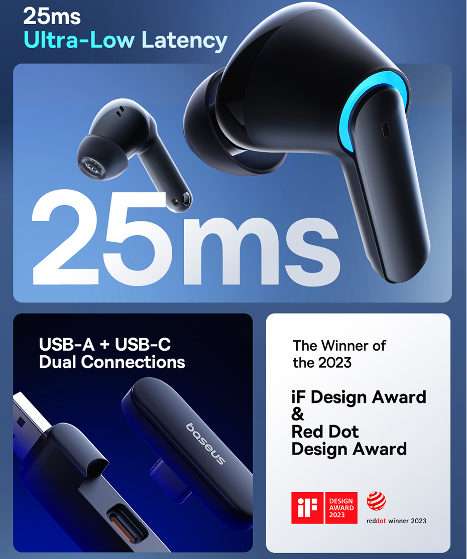 Baseus AeQur G10 Fone de ouvido para jogos sem fio Bluetooth 5.3 intra ...