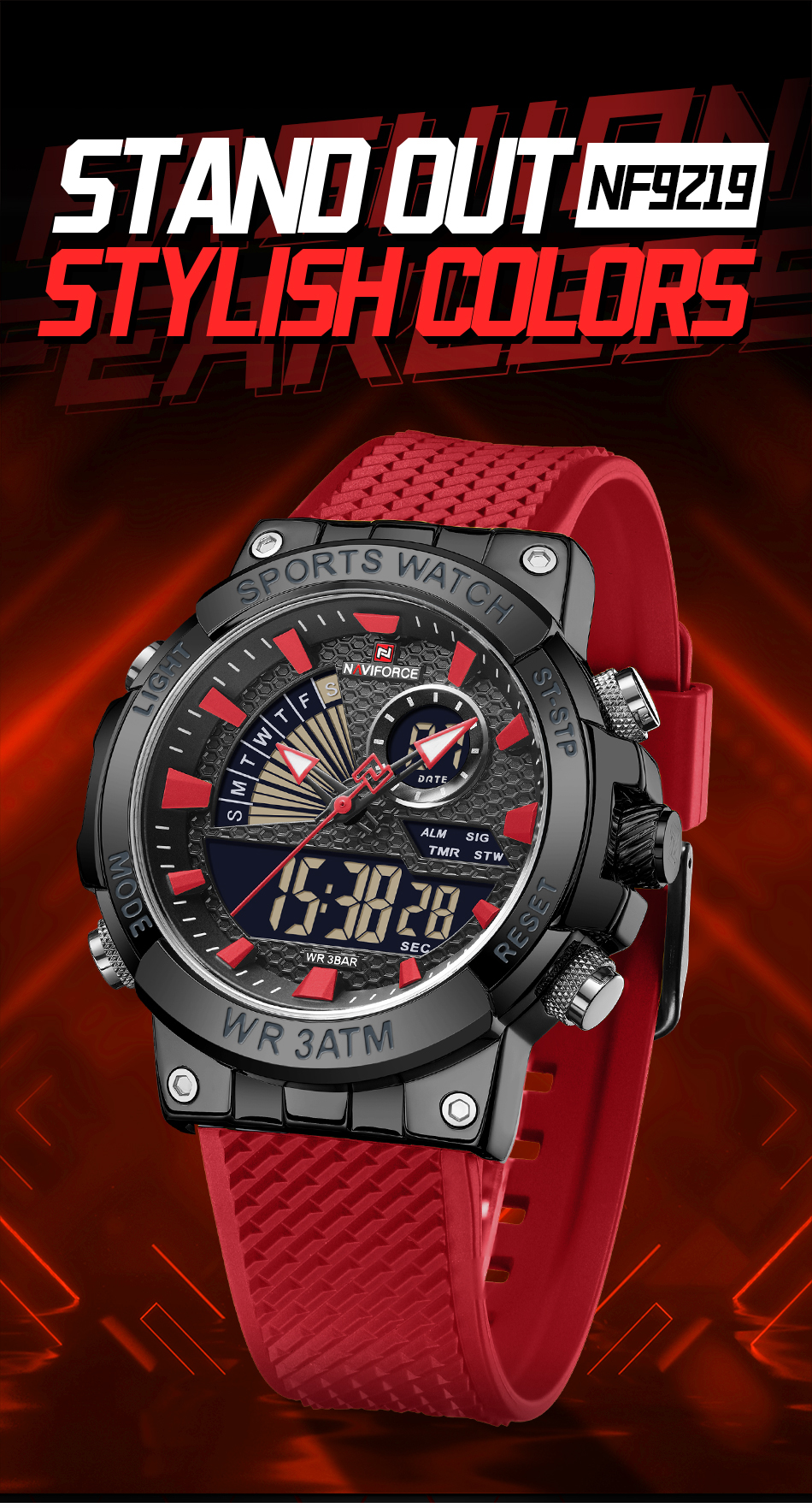 NAVIFORCE 9219 Homens Observam Moda Esporte TPU Correia Multifuncional Cronógrafo De Dupla ...