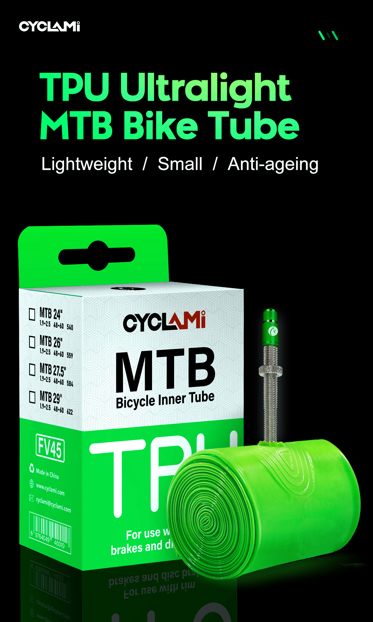 CYCLAMI Ultralight Bike Tube 26 27,5 29 Polegadas MTB Bicicleta TPU Material Pneu 45mm Válvula ...