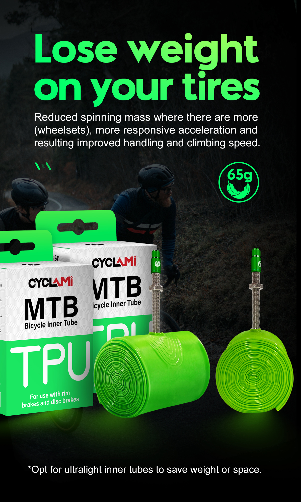 CYCLAMI Ultralight Bike Tube 26 27,5 29 Polegadas MTB Bicicleta TPU Material Pneu 45mm Válvula ...