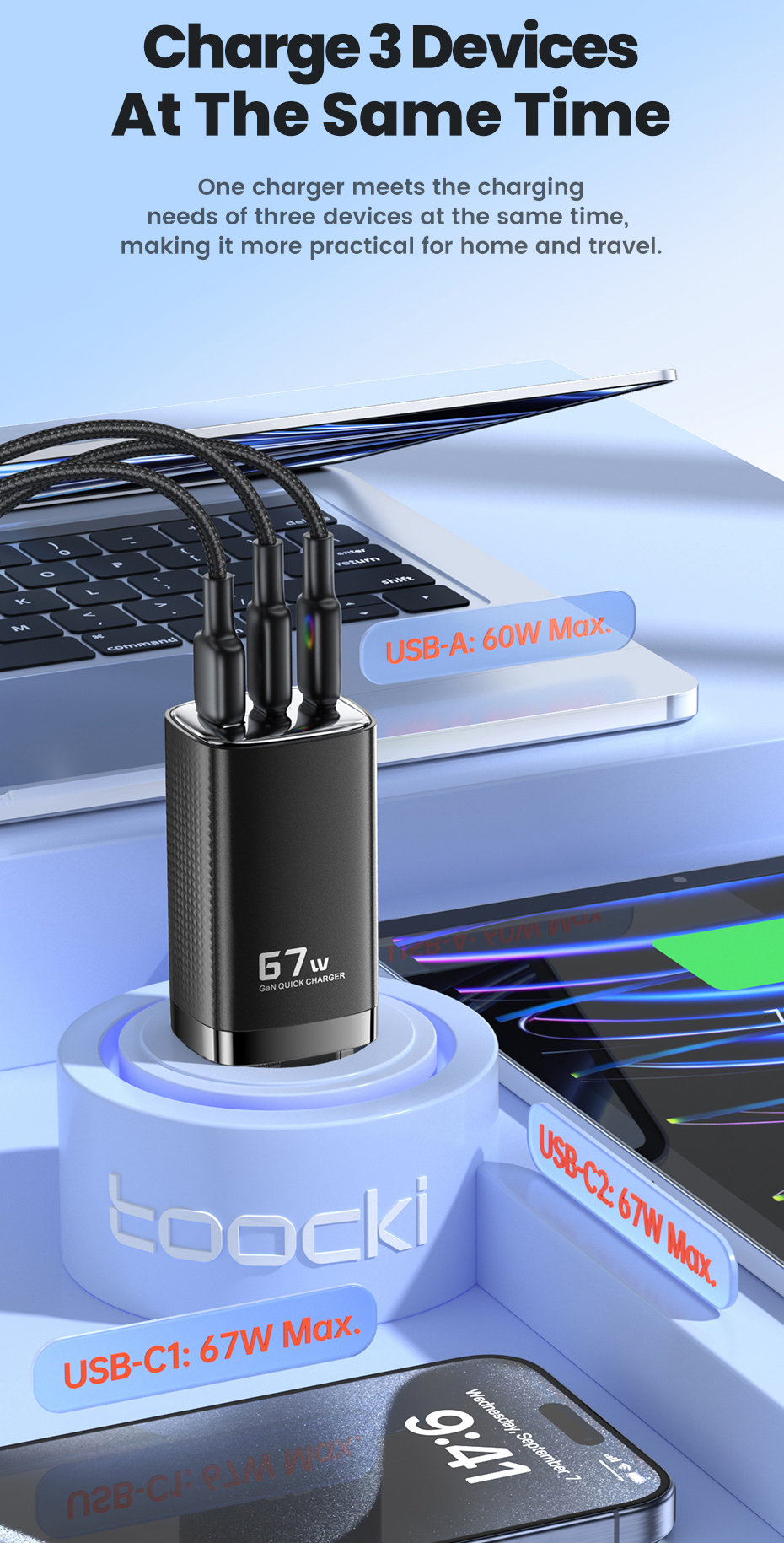 Carregador Toocki 67W GaN USB C Carga Rápida QC3.0 Adaptador De Rápido ...