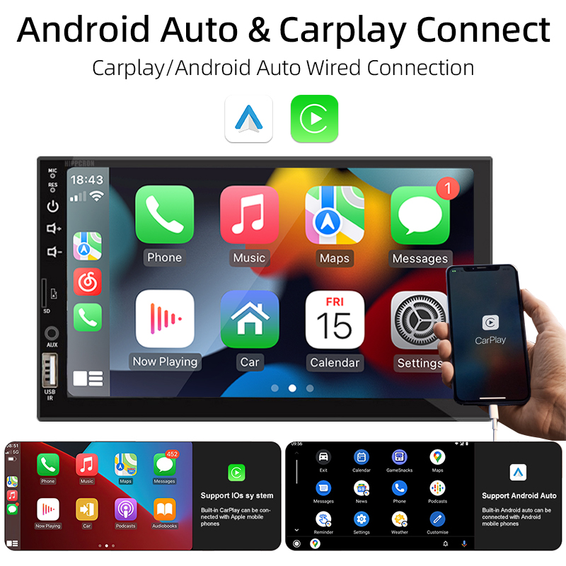 Central Multimídia Carplay 1 Din MP5 Bluetooth 7 Polegadas USB/AUX/TF ...