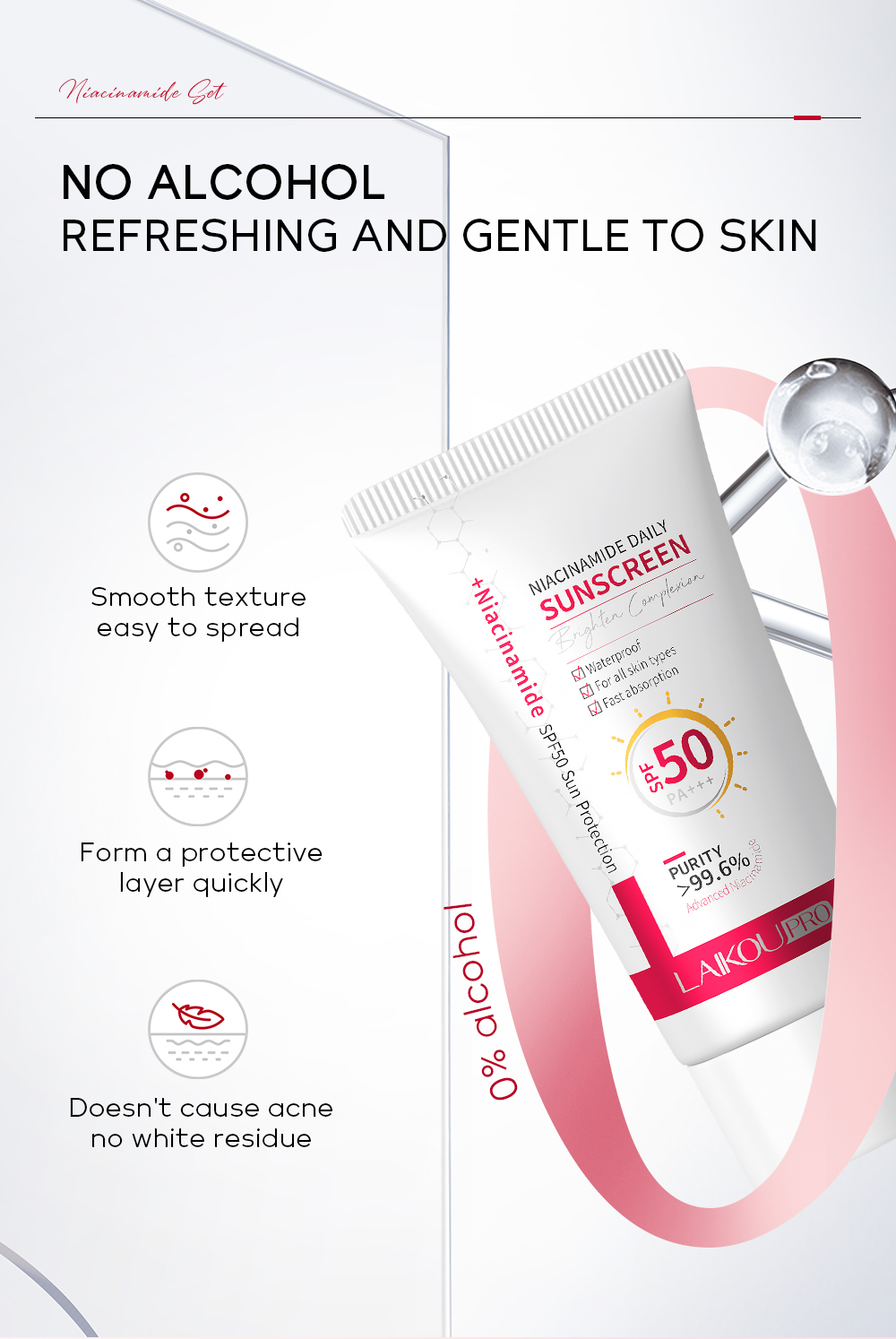 LAIKOU Pro 99,6 % Niacinamida Protetor Solar Diário SPF50 PA + Brightening Sunblock Repairing ...