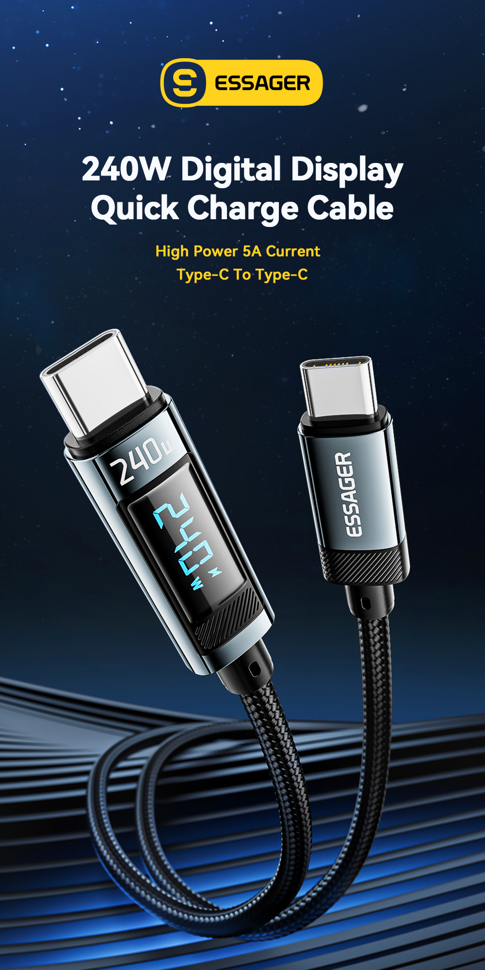 Essager Pd 240W Cabo Tipo C 5A Carga Rápida para Redmi Black Shark ...